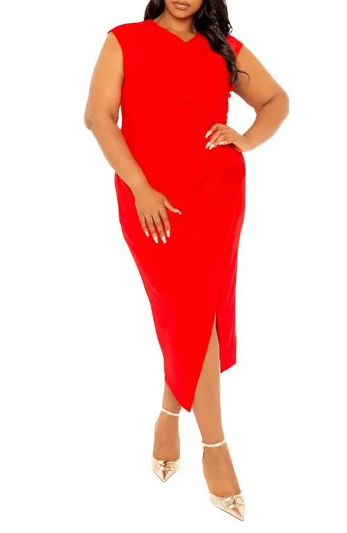 BUXOM COUTURE Asymmetric Button Detailed Faux Wrap Midi Dress - Red