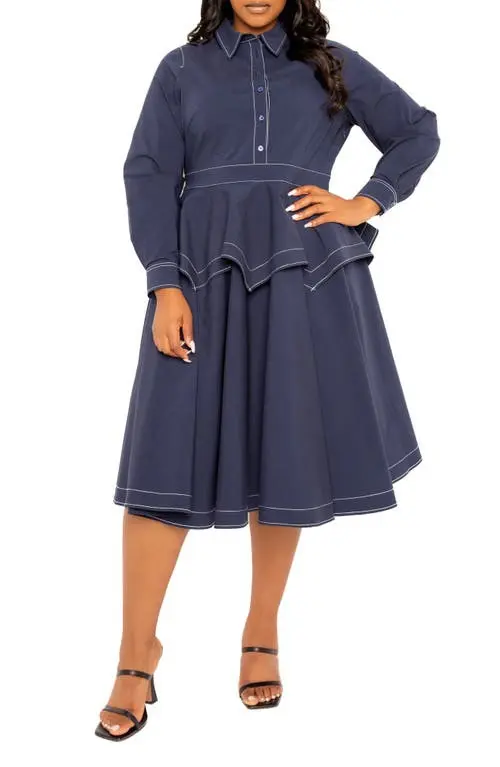 BUXOM COUTURE Topstitched Long Sleeve Peplum Shirt Dress - Navy