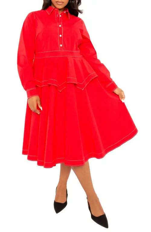 BUXOM COUTURE Topstitched Long Sleeve Peplum Shirt Dress - Red