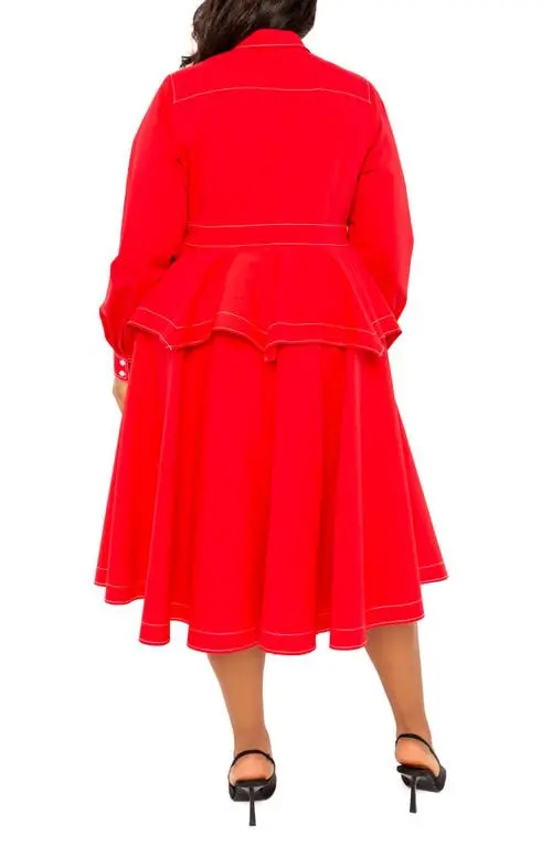 BUXOM COUTURE Topstitched Long Sleeve Peplum Shirt Dress - Red