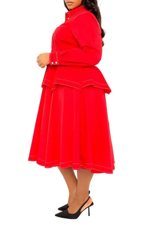 BUXOM COUTURE Topstitched Long Sleeve Peplum Shirt Dress - Red
