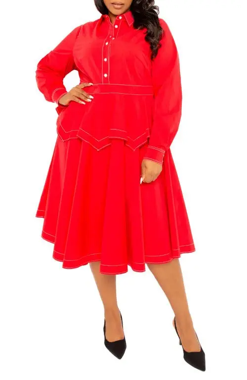 BUXOM COUTURE Topstitched Long Sleeve Peplum Shirt Dress - Red
