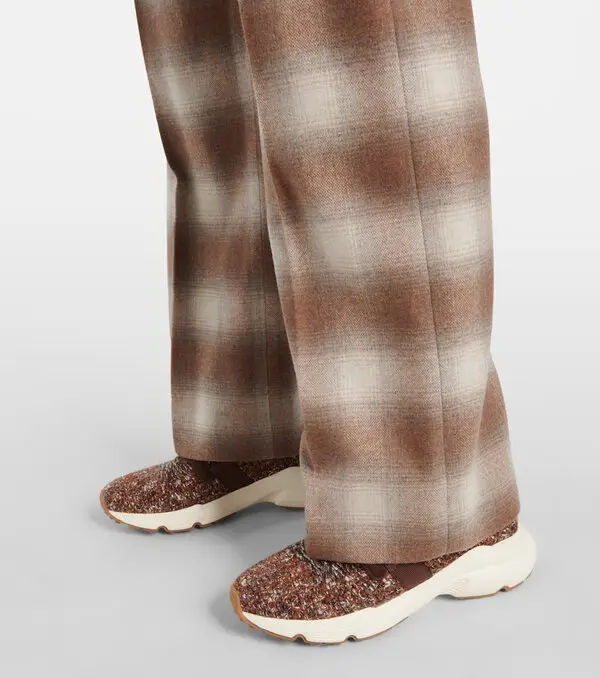 TOD'S Knitted Leather-trimmed Sneakers - Brown