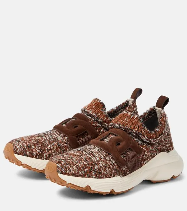 TOD'S Knitted Leather-trimmed Sneakers - Brown