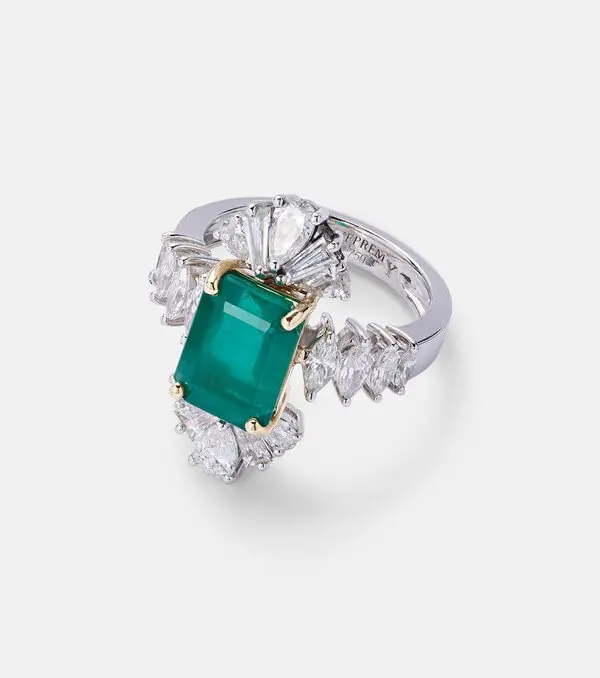Yeprem Reign Supreme Ring In 18kt White Gold With Diamonds And Emerald - Silver