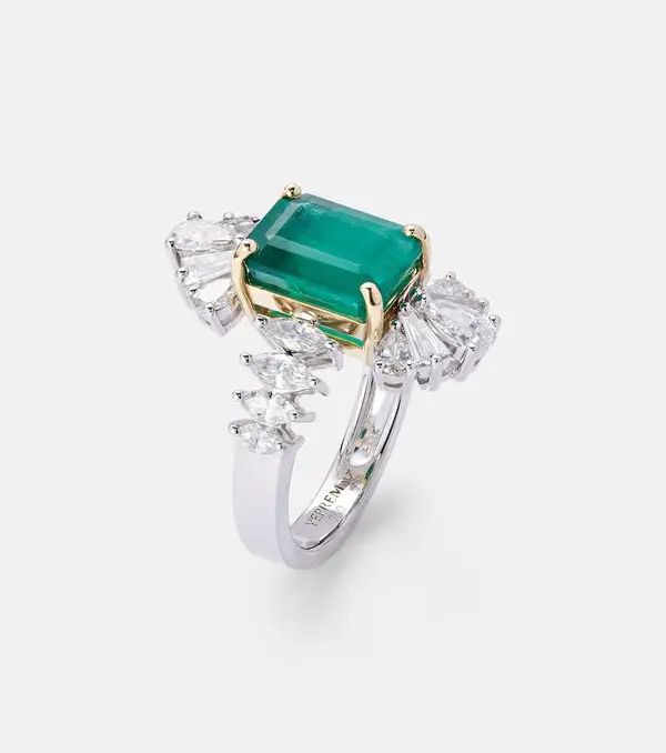 Yeprem 18kt White Gold Ring With Diamonds And Emerald