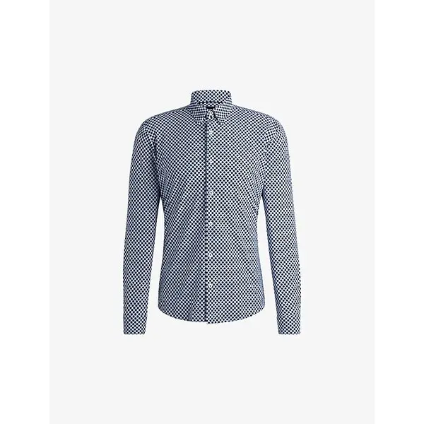 BOSS Slim-fit Micro Square-print Stretch-woven Shirt - Navy