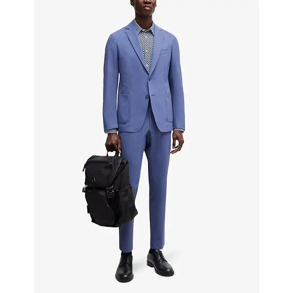 BOSS Slim-fit Micro Square-print Stretch-woven Shirt - Navy