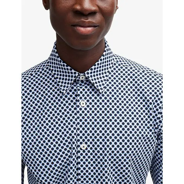 BOSS Slim-fit Micro Square-print Stretch-woven Shirt - Navy