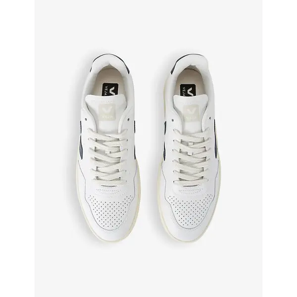 VEJA V-90 Logo-embroidered Low-top Leather Trainers - White/navy