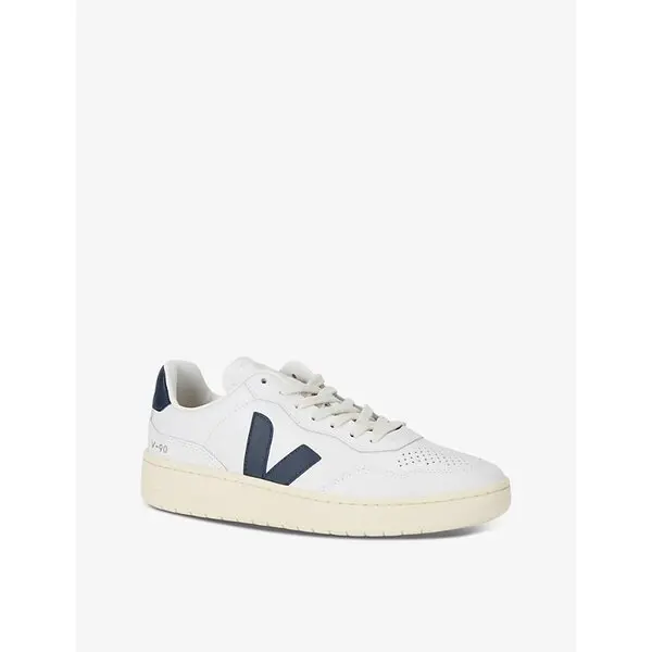 VEJA V-90 Logo-embroidered Low-top Leather Trainers - White/navy