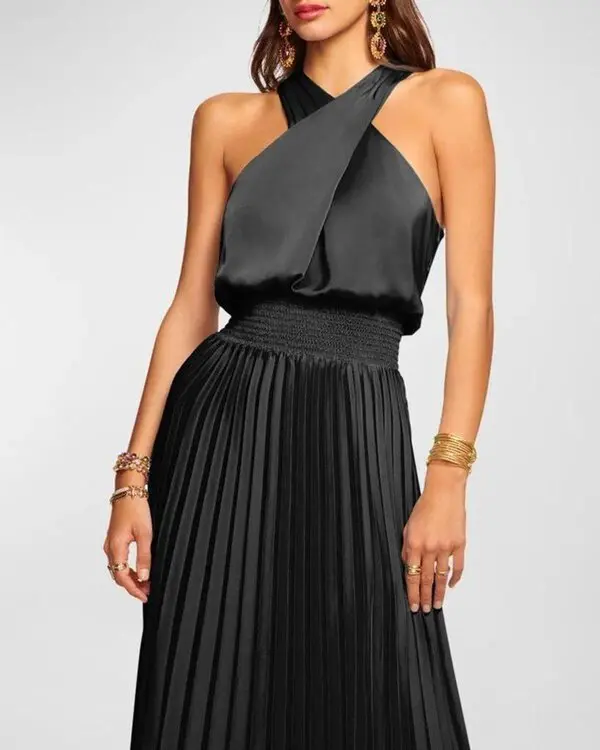 Ramy Brook Arina Pleated Halter Midi Dress - Black