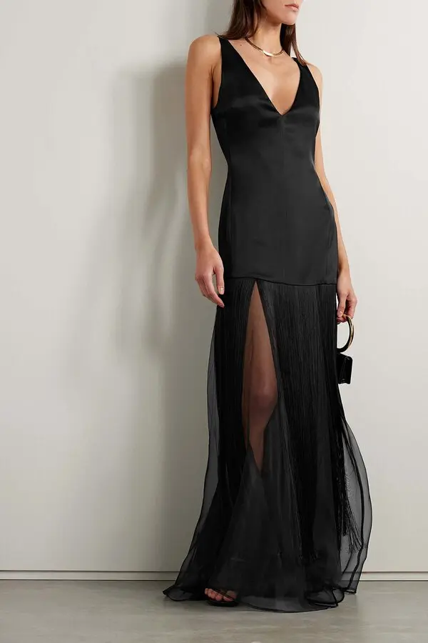 Esse Studios Fringed Satin And Silk Organza Maxi Dress In Black - 85% Off |  Editorialist
