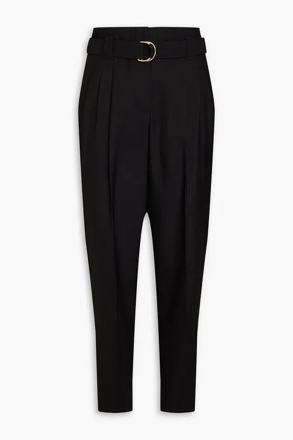 Another Tomorrow Pleated Wool Tapered Pants - Black