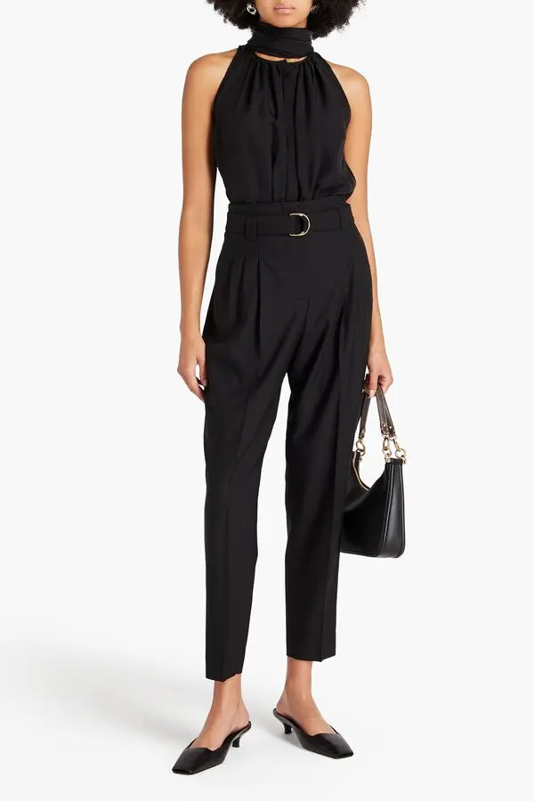 Another Tomorrow Pleated Wool Tapered Pants - Black