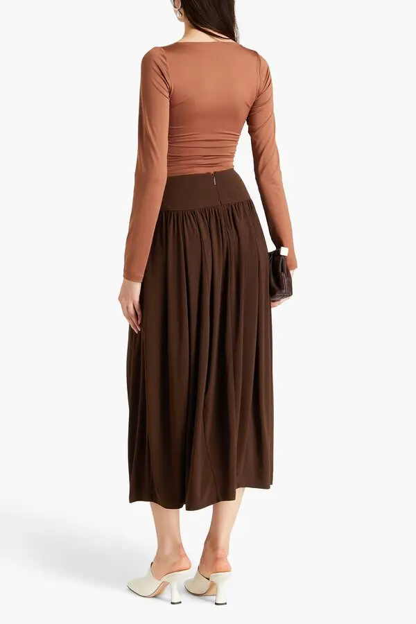Tibi Gathered Jersey Midi Skirt - Dark Brown