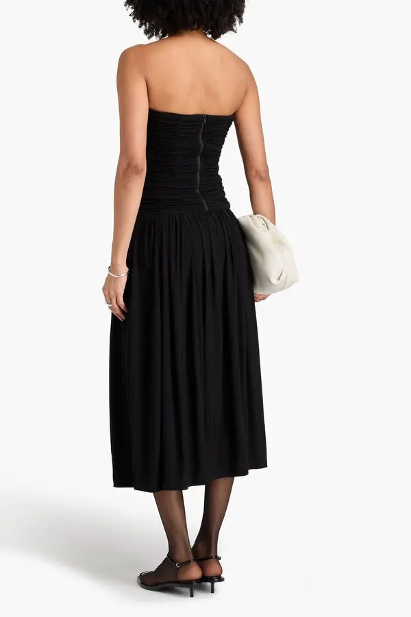 Tibi Strapless Ruched Jersey Midi Dress - Black