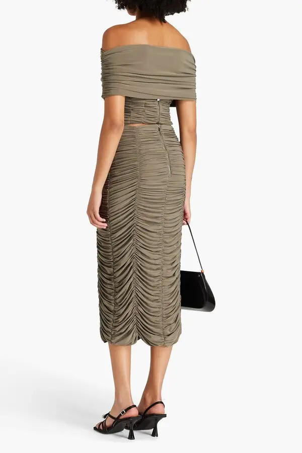 Tibi Ruched Stretch-jersey Midi Skirt - Army Green