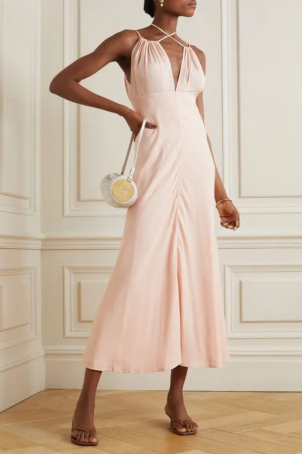 toteme gathered silk dress Gathered hammered silk-satin maxi dress - green