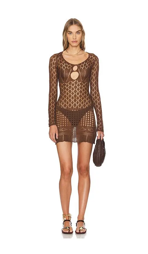 SNDYS Long Sleeve Crochet Mini Dress - Chocolate