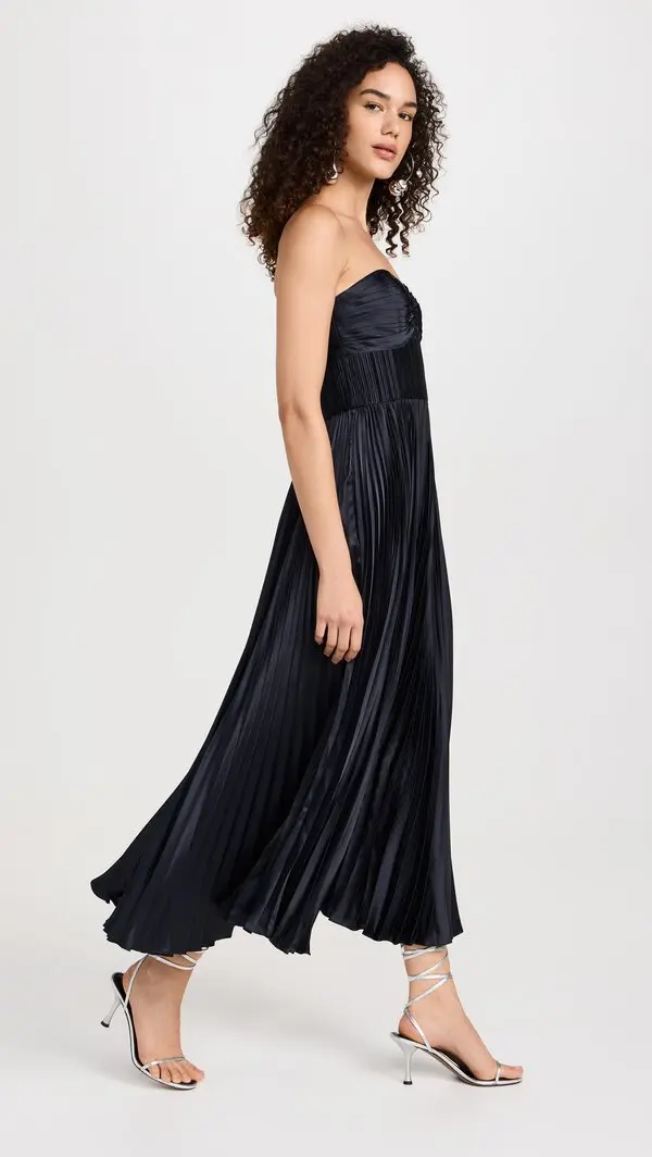 AMUR Belle Strapless Sweetheart Neck Pleated Midi Dress - Navy
