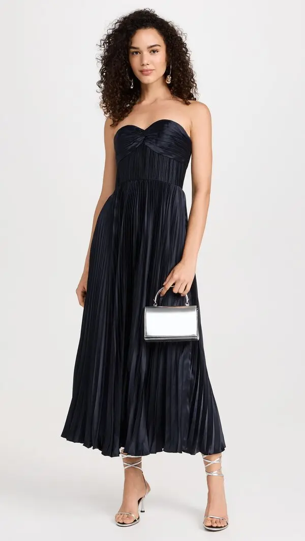 AMUR Belle Strapless Sweetheart Neck Pleated Midi Dress - Navy