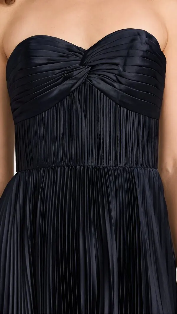 AMUR Belle Strapless Sweetheart Neck Pleated Midi Dress - Navy
