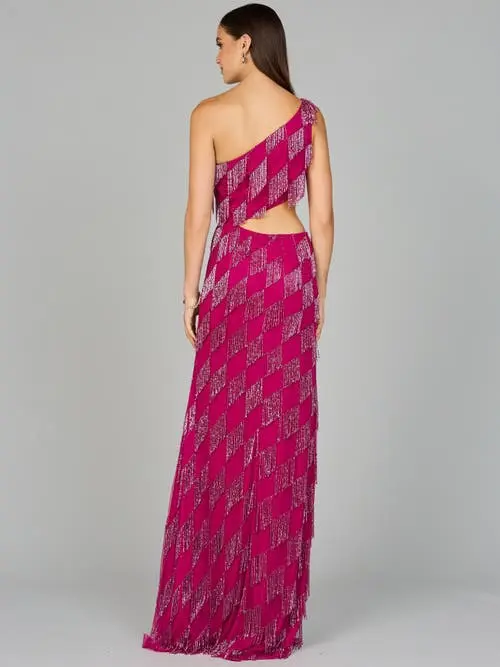LARA NEW YORK One-shoulder Fringe Gown - Raspberry