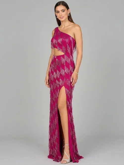 LARA NEW YORK One-shoulder Fringe Gown - Raspberry
