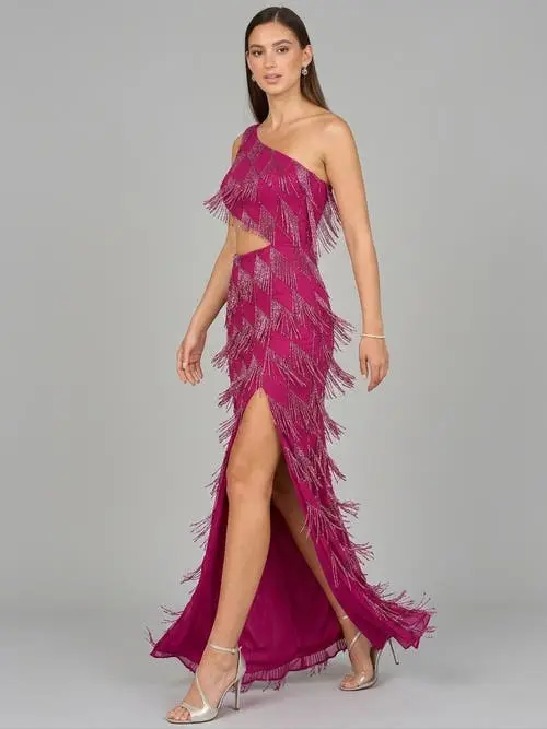 LARA NEW YORK One-shoulder Fringe Gown - Raspberry