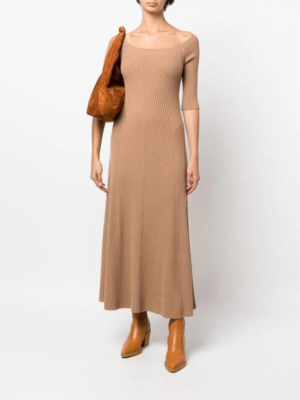 Chlo Ribbed-Knit Boat Neck Dress In Brown - 20% Off | Editorialist