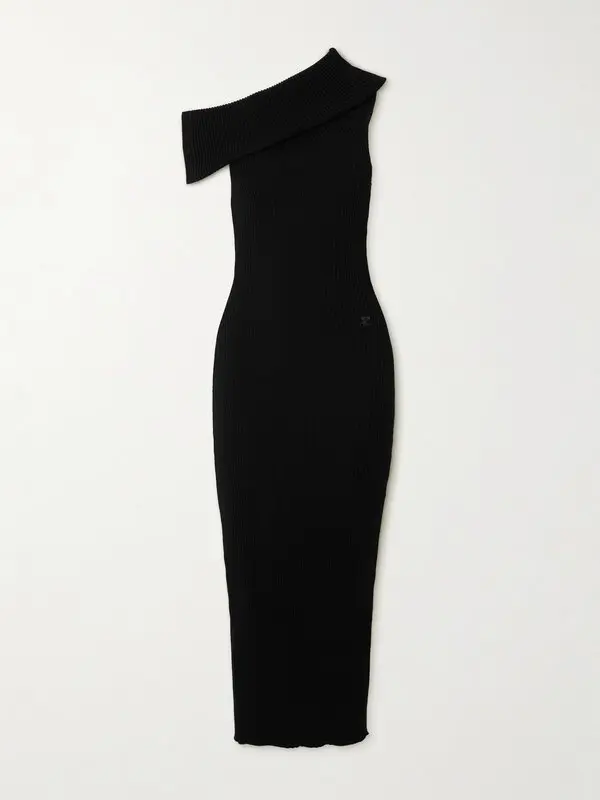 COURREGES Twist Off-the-shoulder Embroidered Ribbed-knit Maxi Dress