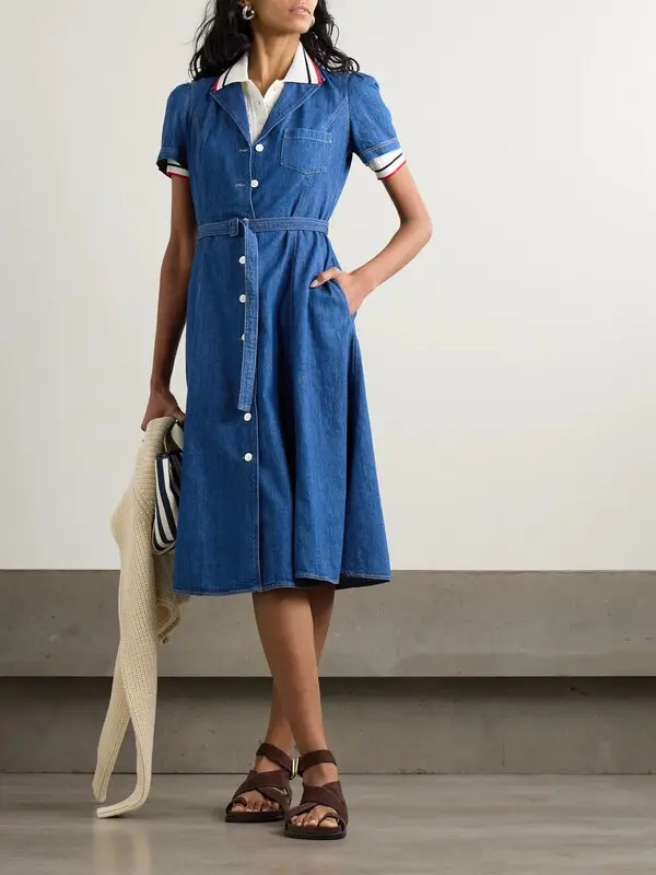 white christmas dresses Lauren Ralph Lauren Women's Belted Denim Cap-Sleeve Dress Denim Blue