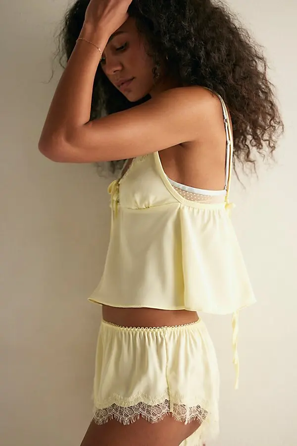 KAT THE LABEL Sorrento Satin Shorts With Lace Trim - Limoncello