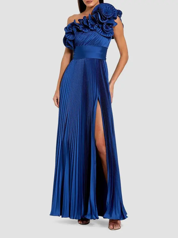 Mac Duggal Pleated Charmeuse Ruffle One-shoulder A-line Gown