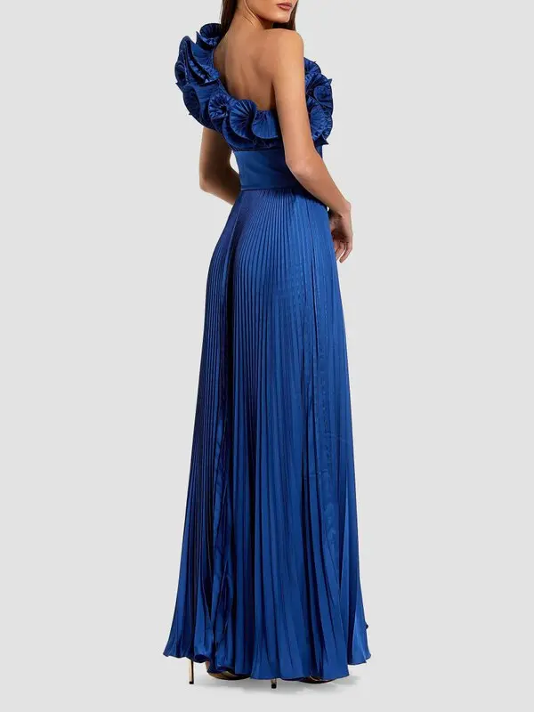 Mac Duggal Pleated Charmeuse Ruffle One-shoulder A-line Gown