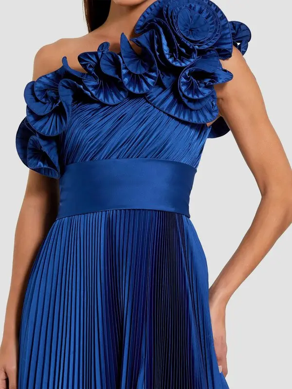 Mac Duggal Pleated Charmeuse Ruffle One-shoulder A-line Gown