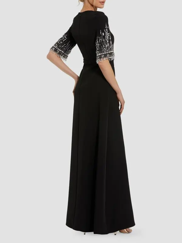 Mac Duggal Crêpe Beaded-sleeve A-line Gown - Black