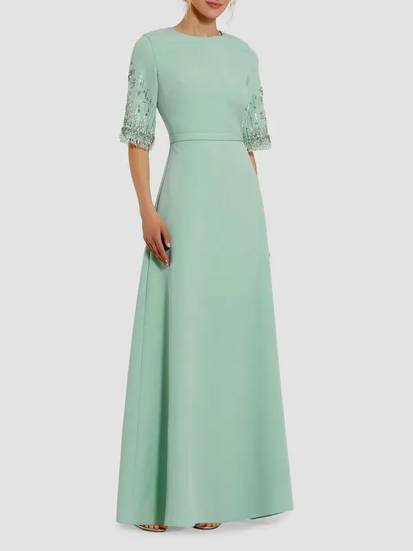 Mac Duggal Crêpe Beaded-sleeve A-line Gown - Sage