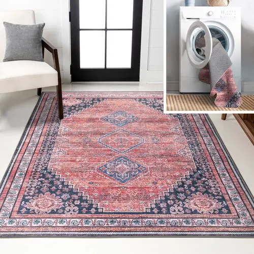 JONATHAN Y Dalyan Geometric Medallions Machine-washable Area Rug - Terra/navy-round