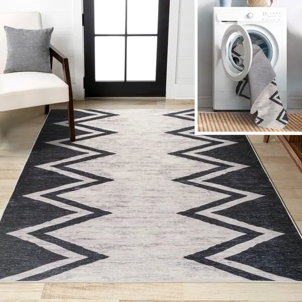 JONATHAN Y Siksak Modern Chevron Border Machine-washable Area Rug - Ivory/navy