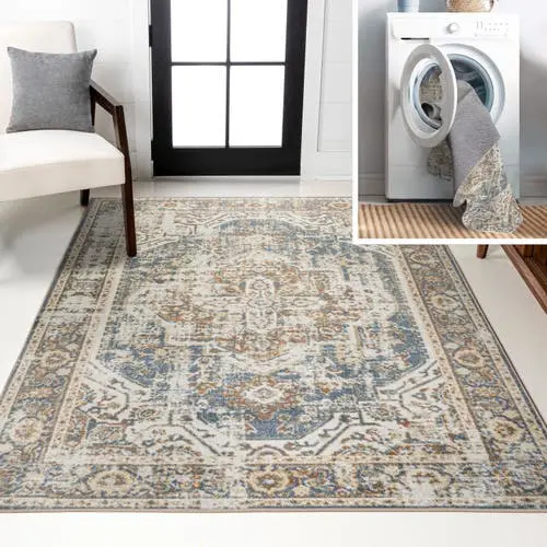 JONATHAN Y Keesha Bold Distressed Medallion Low-pile Machine-washable Area Rug - Blue/cream