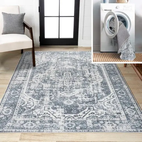 JONATHAN Y Keesha Bold Distressed Medallion Low-pile Machine-washable Area Rug - Cream/blue