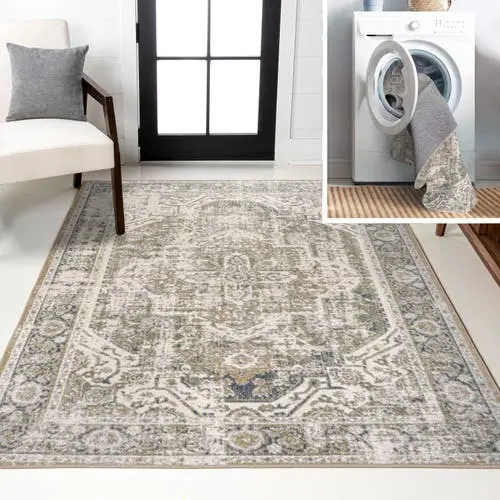 JONATHAN Y Keesha Bold Distressed Medallion Low-pile Machine-washable Area Rug - Green/cream