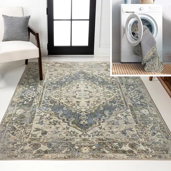 JONATHAN Y Pavel Distressed Medallion Low-pile Machine-washable Area Rug - Blue/cream