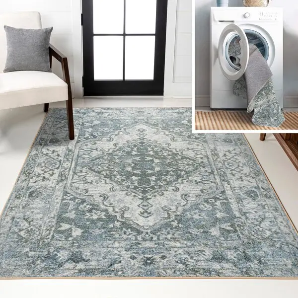 JONATHAN Y Pavel Distressed Medallion Low-pile Machine-washable Area Rug - Light Gray/blue