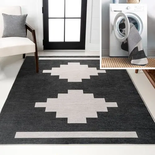 JONATHAN Y Adriel Geometric Medallion Machine-washable Area Rug - Black/cream