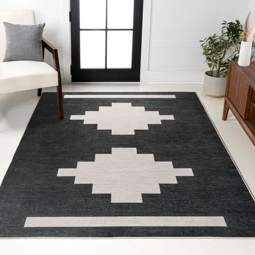 JONATHAN Y Adriel Geometric Medallion Machine-washable Area Rug - Black/cream