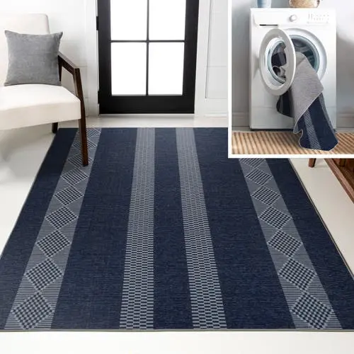 JONATHAN Y Nautisk Trellis Stripe Machine-washable Area Rug - Navy/gray