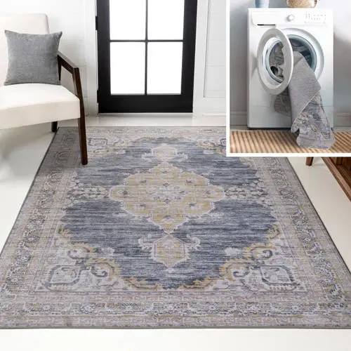 JONATHAN Y Wincer Chenille Cottage Medallion Machine-washable Area Rug - Dark Gray/yellow